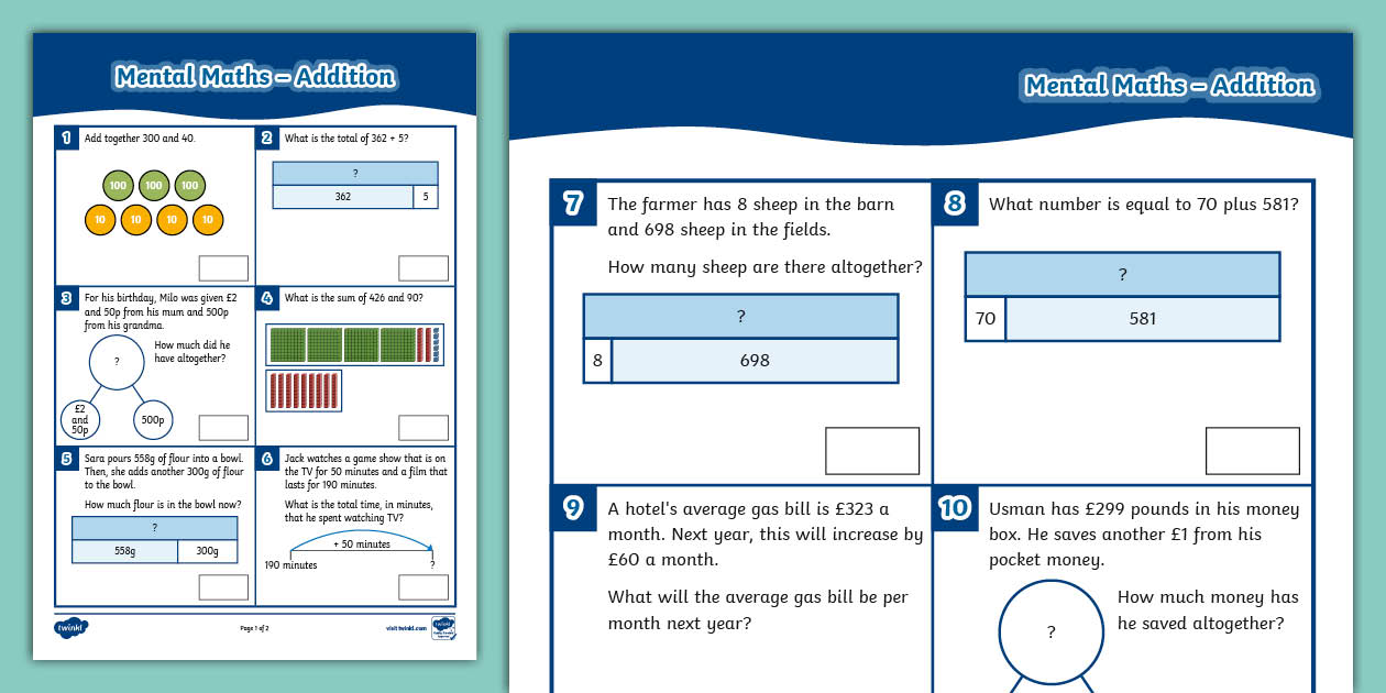 Year 3 Mental Maths Addition Worksheets (teacher made)