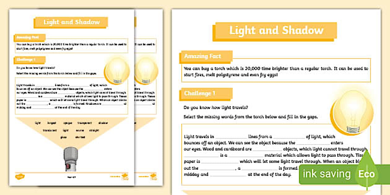 Light and Shadow Worksheet (teacher made) - Twinkl
