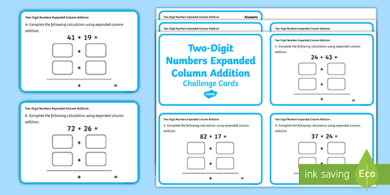 2-Digit Numbers Expanded Column Addition Challenge Cards