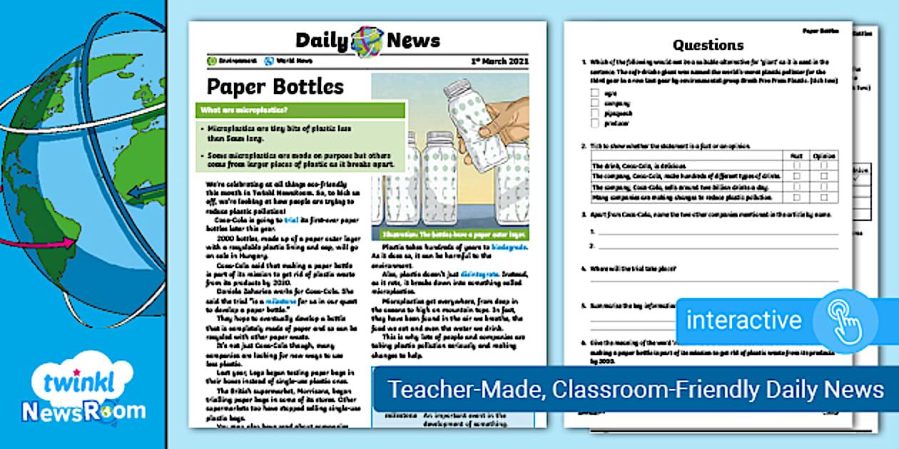 News Story for Children 9-11: Paper Bottles (teacher made)