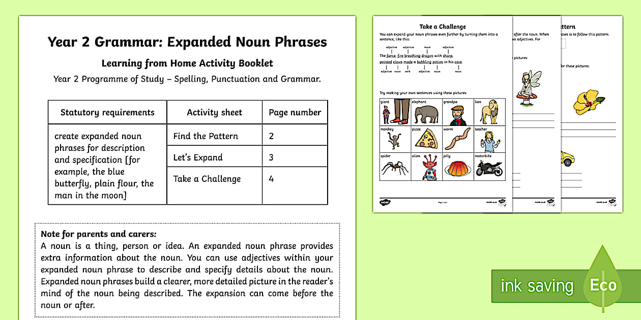 Editable Year 2 Grammar: Expanded Noun Phrases Activity Booklet