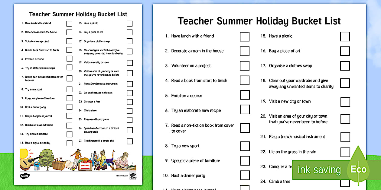 Teacher's Summer Holiday Checklist Last Week of School List