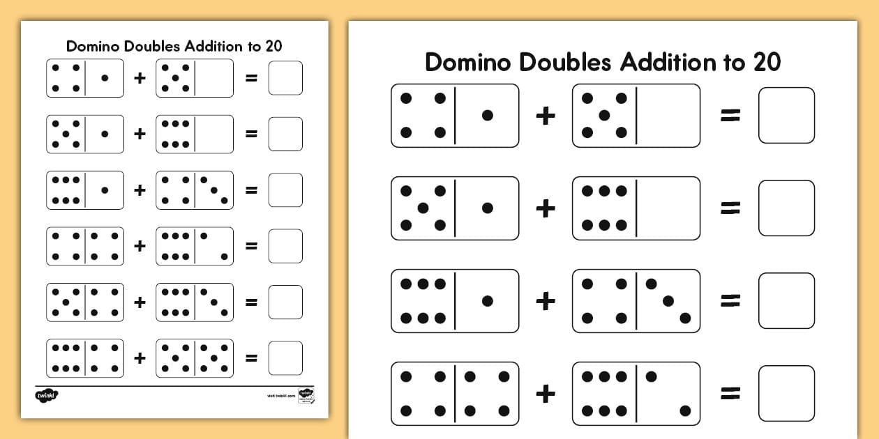 Domino Doubles Addition to 20 Worksheet - Twinkl