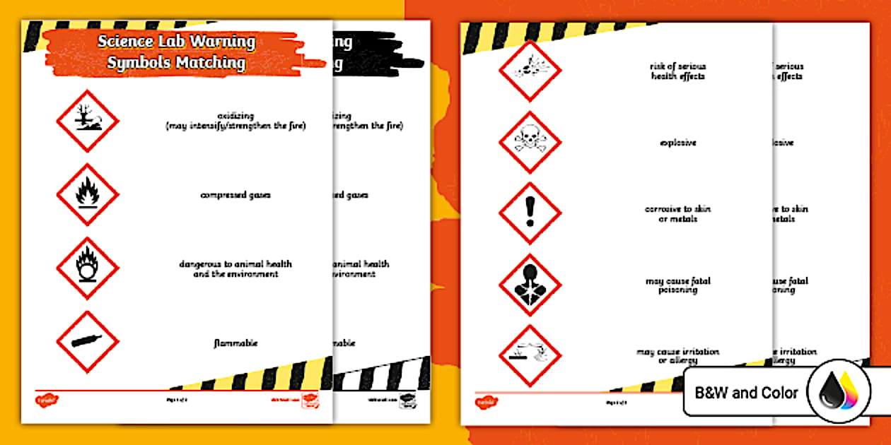 Science Lab Warning Symbols Matching Worksheet for 3rd-5th Grade