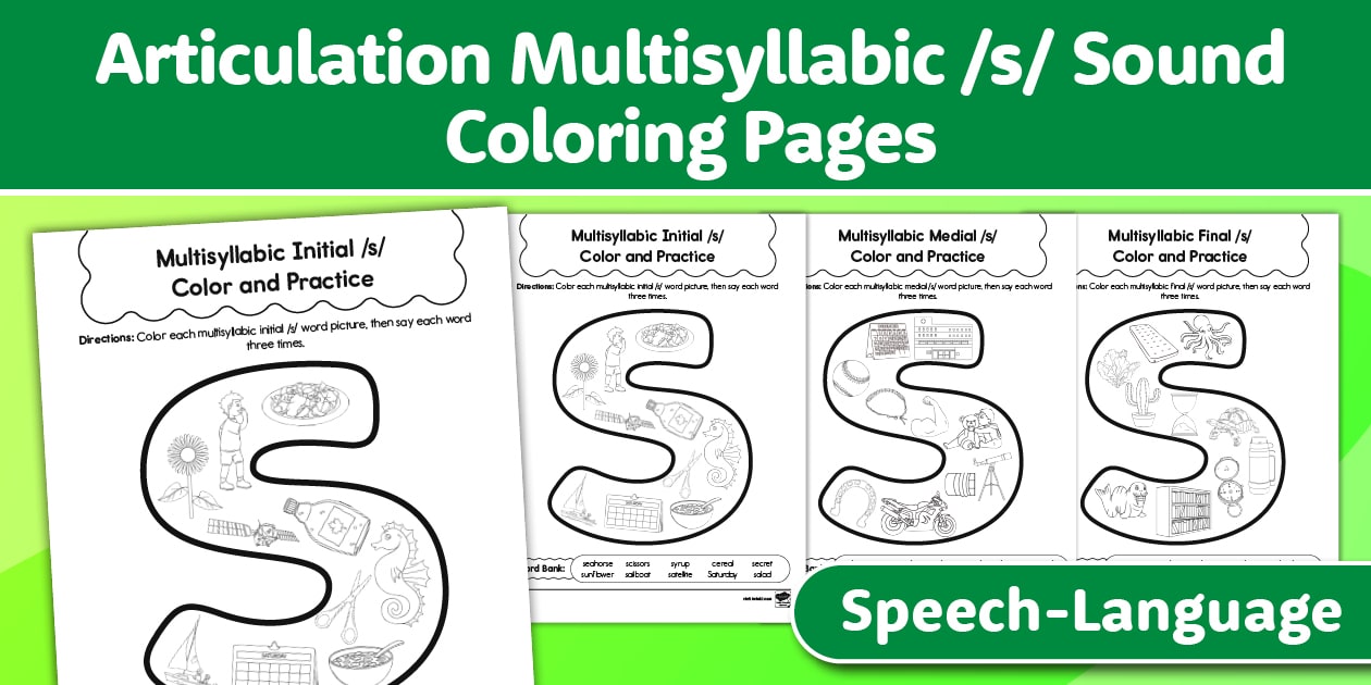 Articulation Multisyllabic /s/ Sound Coloring Pages for SLP