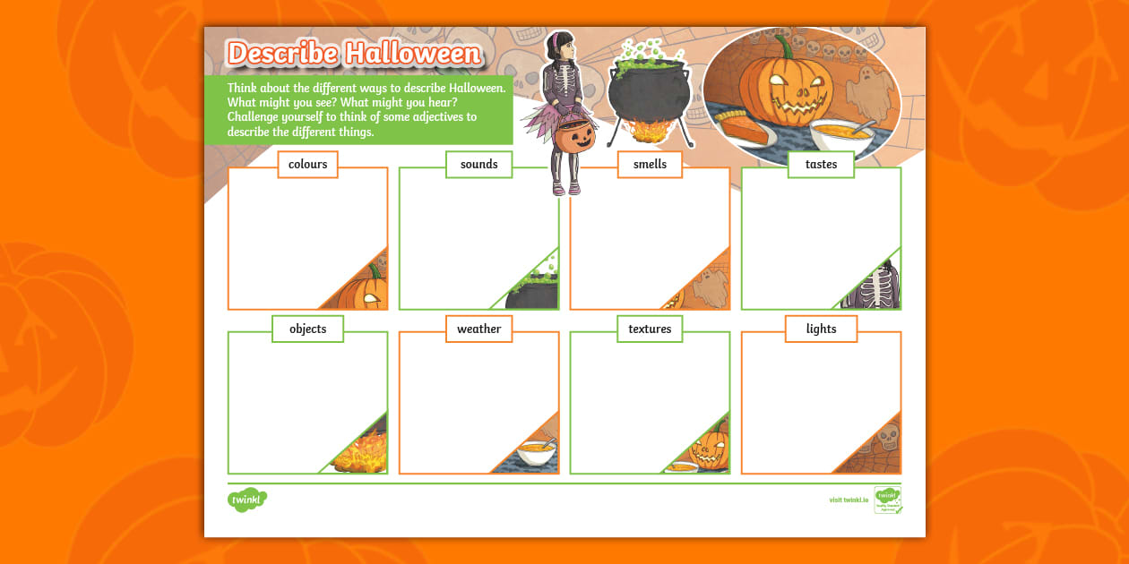 Halloween Adjectives Worksheet - Twinkl