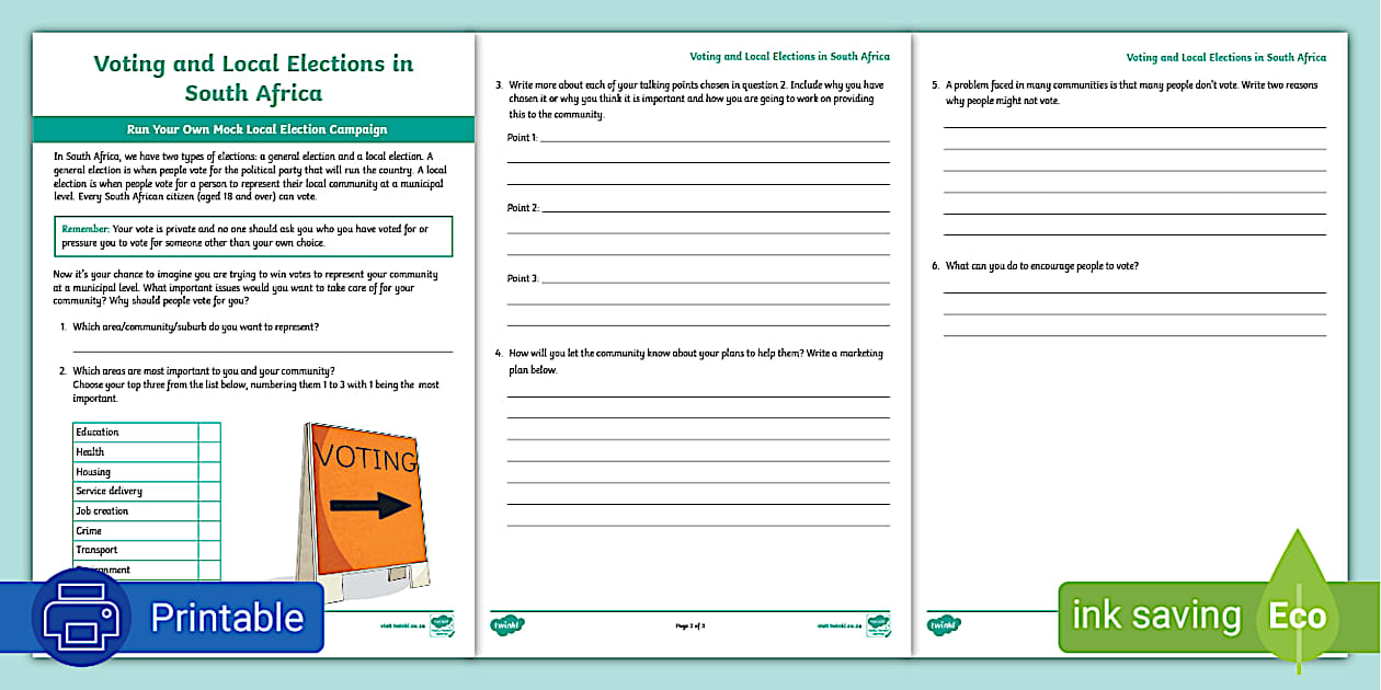 Voting And Local Elections Worksheet | South Africa - Twinkl