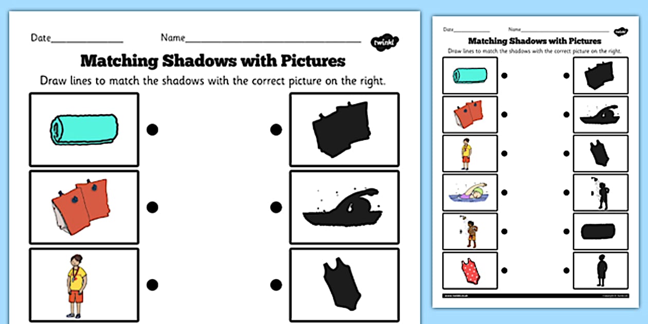Swimming Pool Shadow Matching Worksheet (teacher made)