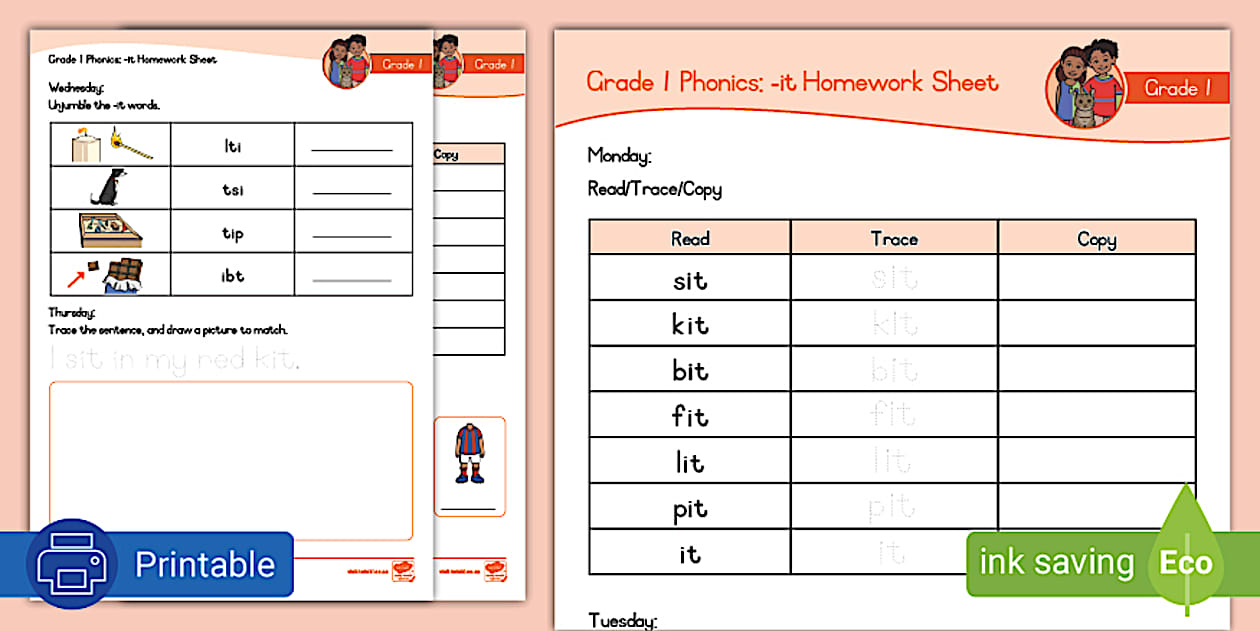 Grade 1 Phonics: -it Homework Sheet (teacher made) - Twinkl