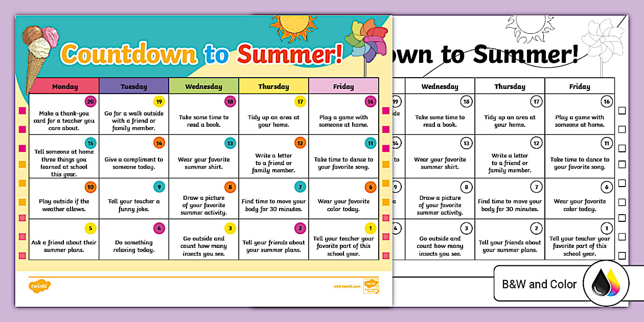 Countdown to Summer Activity Calendar for 3rd-5th Grade