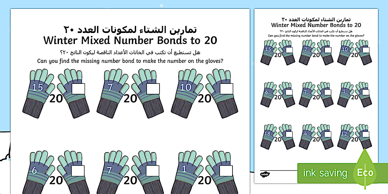 Black and White Winter Themed Mixed Number Bonds to 20 Arabic/English