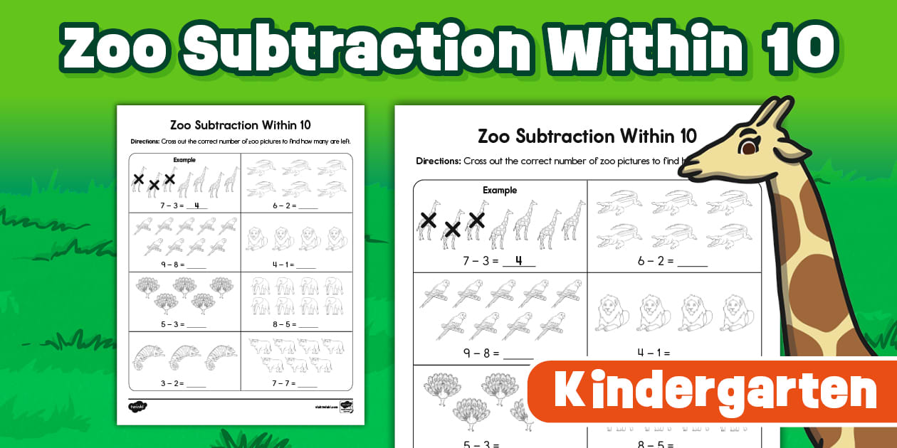 Kindergarten Zoo Subtraction Within 10 Worksheet
