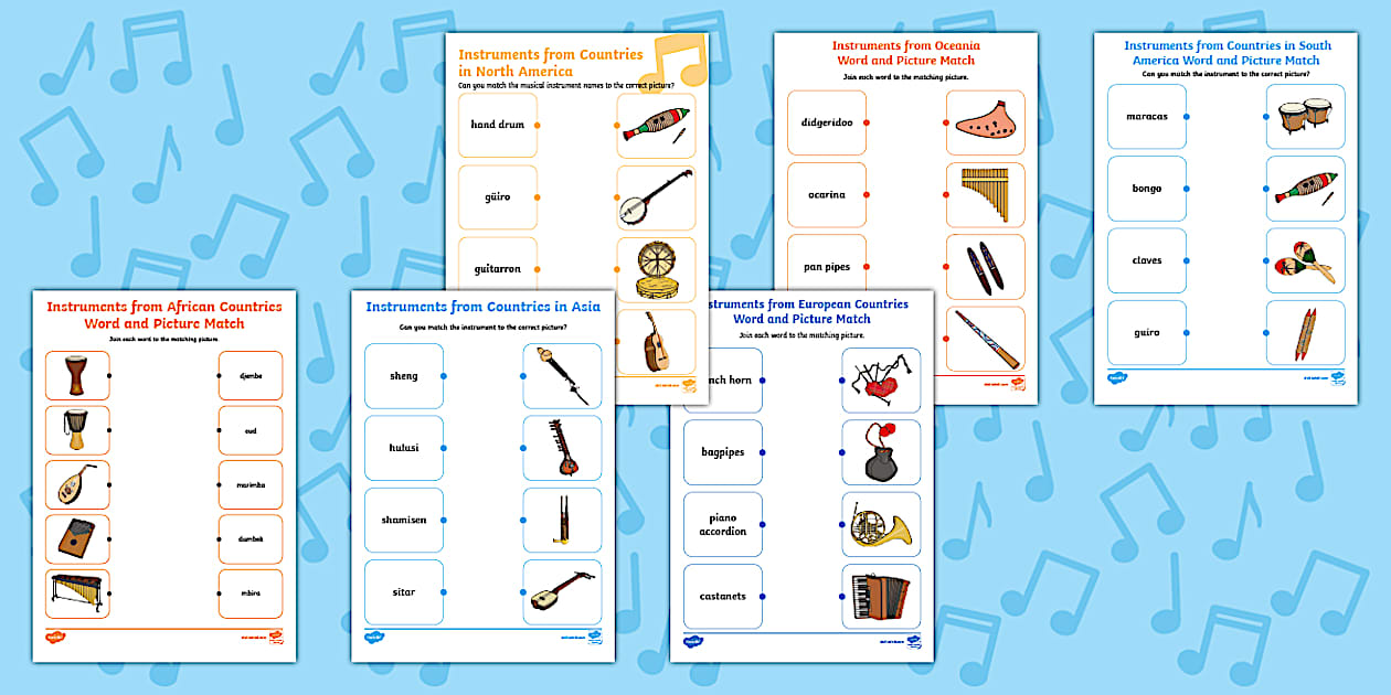 👉 Instruments from Continents Around the World Word and Picture Match Pack