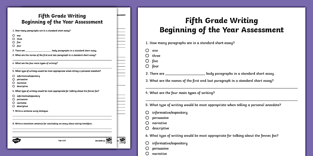 Fifth Grade Beginning of the Year ELA Writing Assessment