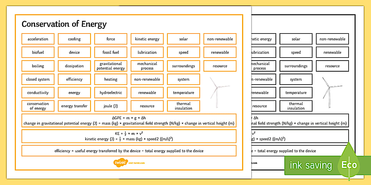 Black and White Edexcel Physics Conservation of Energy Word Mat