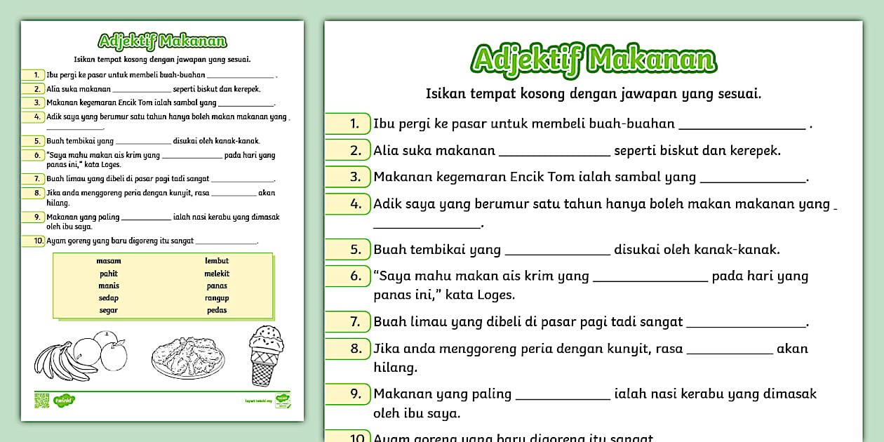 Lembaran Kerja Adjektif Makanan (teacher made) - Twinkl