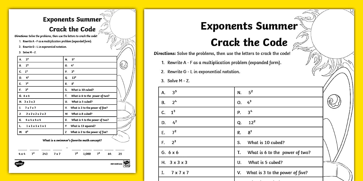 Seventh Grade Exponents Practice Summer Crack the Code Worksheet