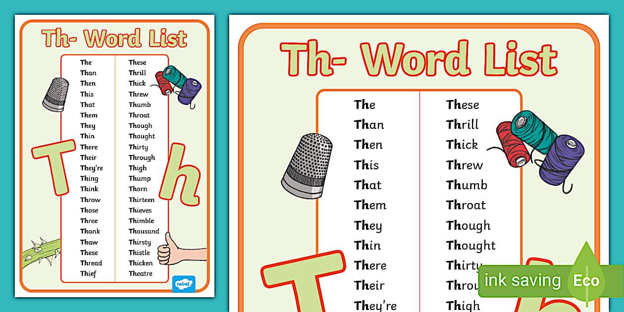 English - Letter Pairs Word Lists Beginning with Th - Twinkl
