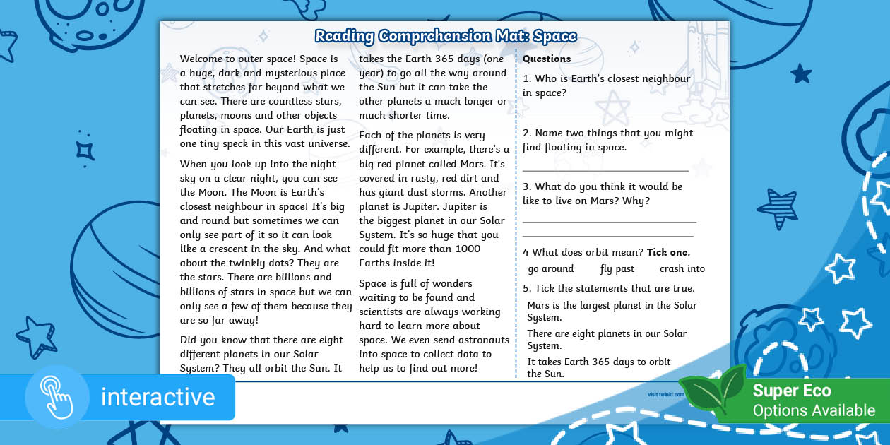 Reading Comprehension Mat: Space (Ages 5 - 6) (teacher made)