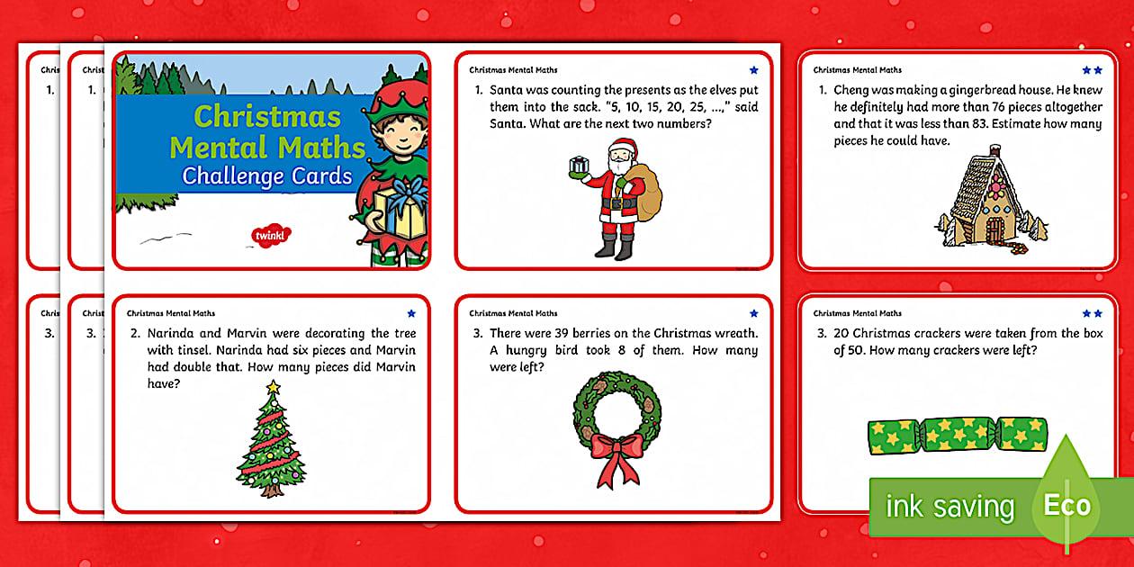 Year 2 Christmas Mental Maths Challenge Cards - Twinkl