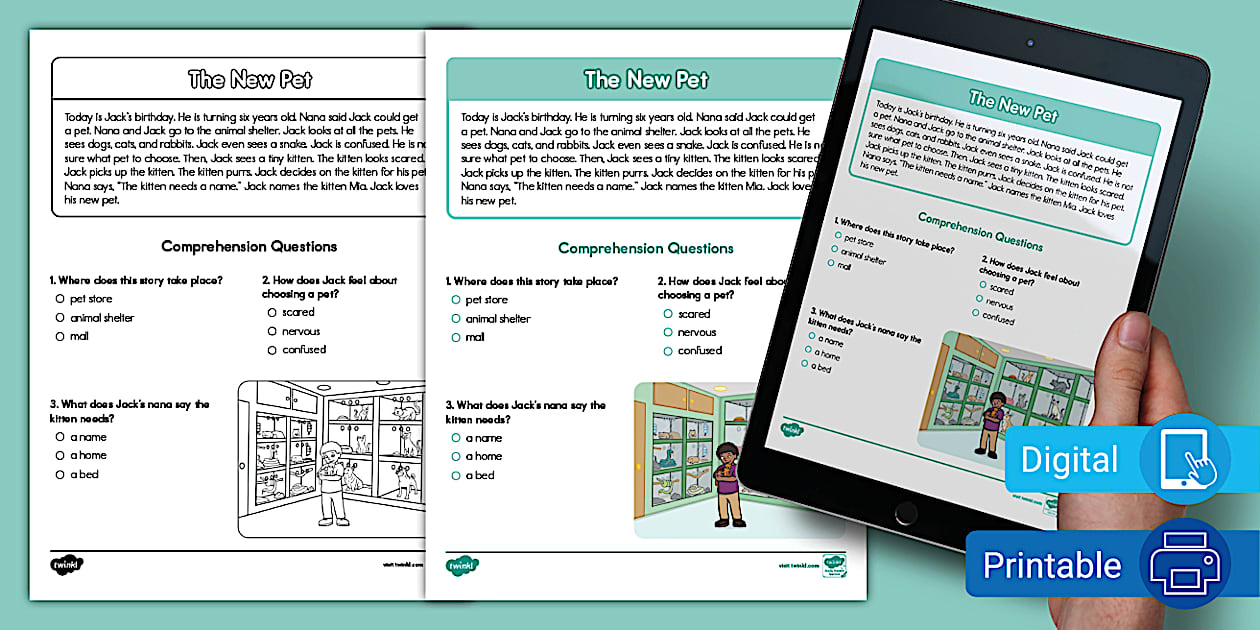 Kindergarten The New Pet Reading Comprehension | Twinkl USA