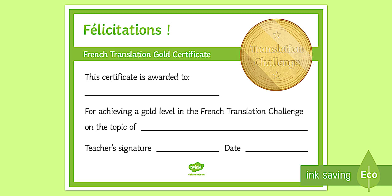 French Translation Challenge Gold Certificate French