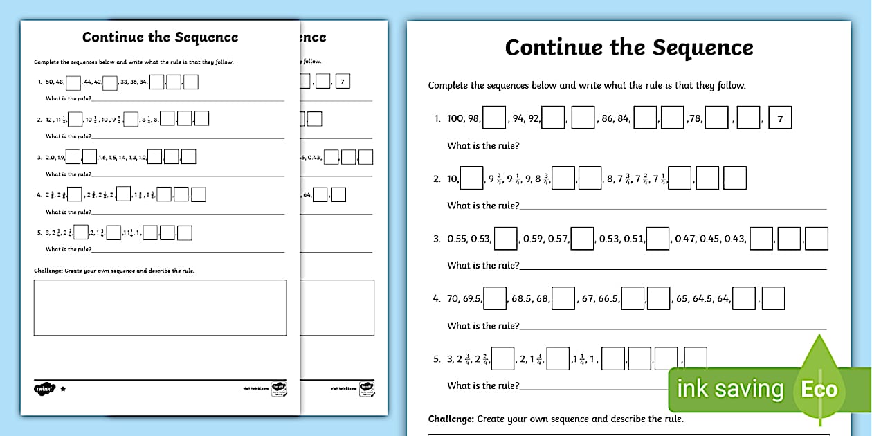 Subtracting Patterns with Whole Numbers, Decimals and Fractions Worksheets