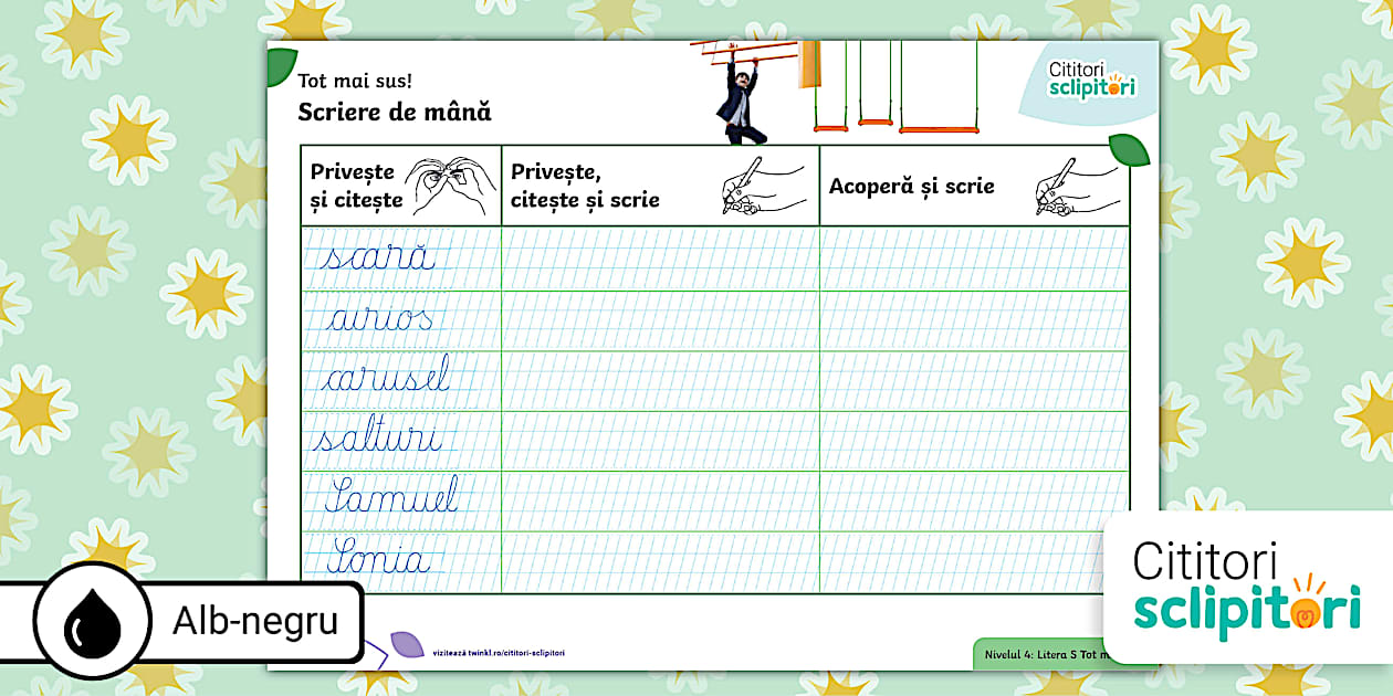 Litera S: Tot mai sus – Fișă de scriere de mână clasa I
