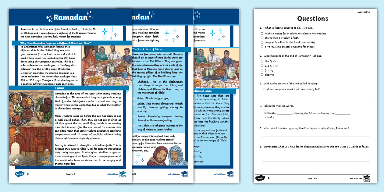 UKS2 Ramadan Differentiated Reading Comprehension Activity