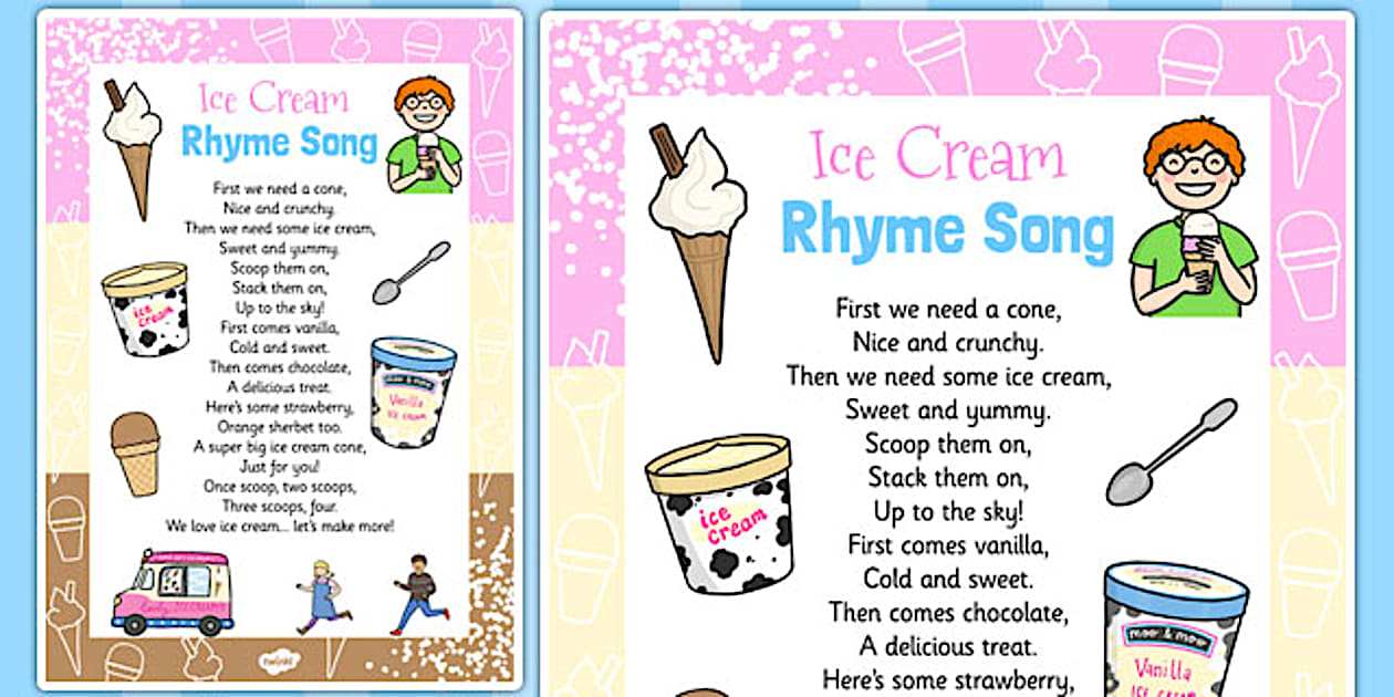 Dyslexic Ice Cream Rhyme Song Lyrics Card - Twinkl