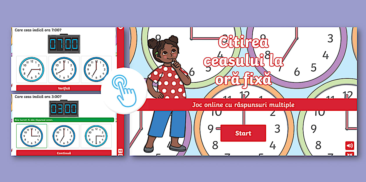 Citirea ceasului la oră fixă – Joc online cu răspunsuri ilustrate