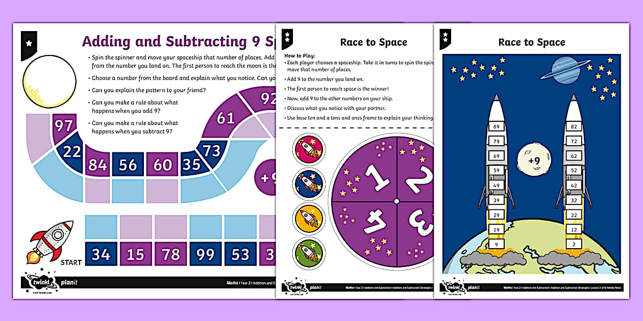 Add and Subtract Nine Space Race Board Game - Twinkl