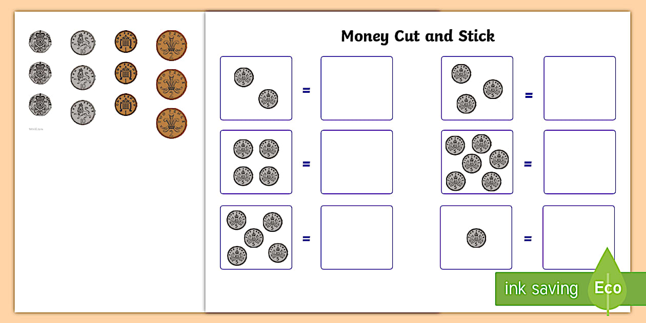 Money Cut and Stick 5p Equivalents Worksheet (teacher made)