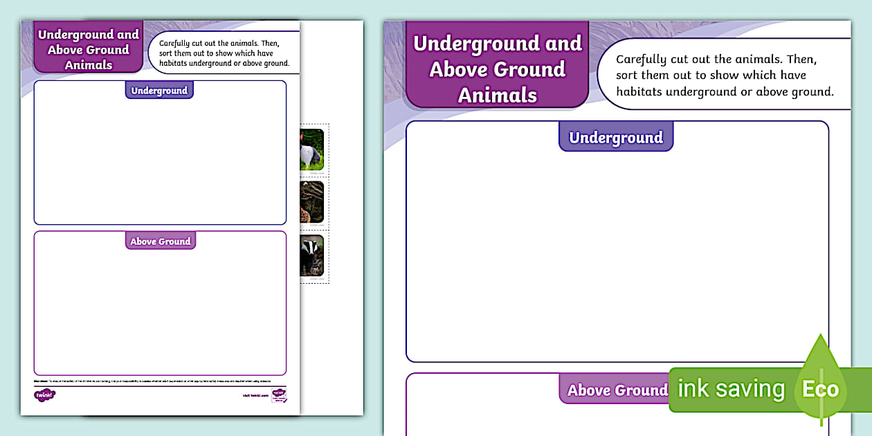 Underground and Above Ground Animals Sorting Worksheet