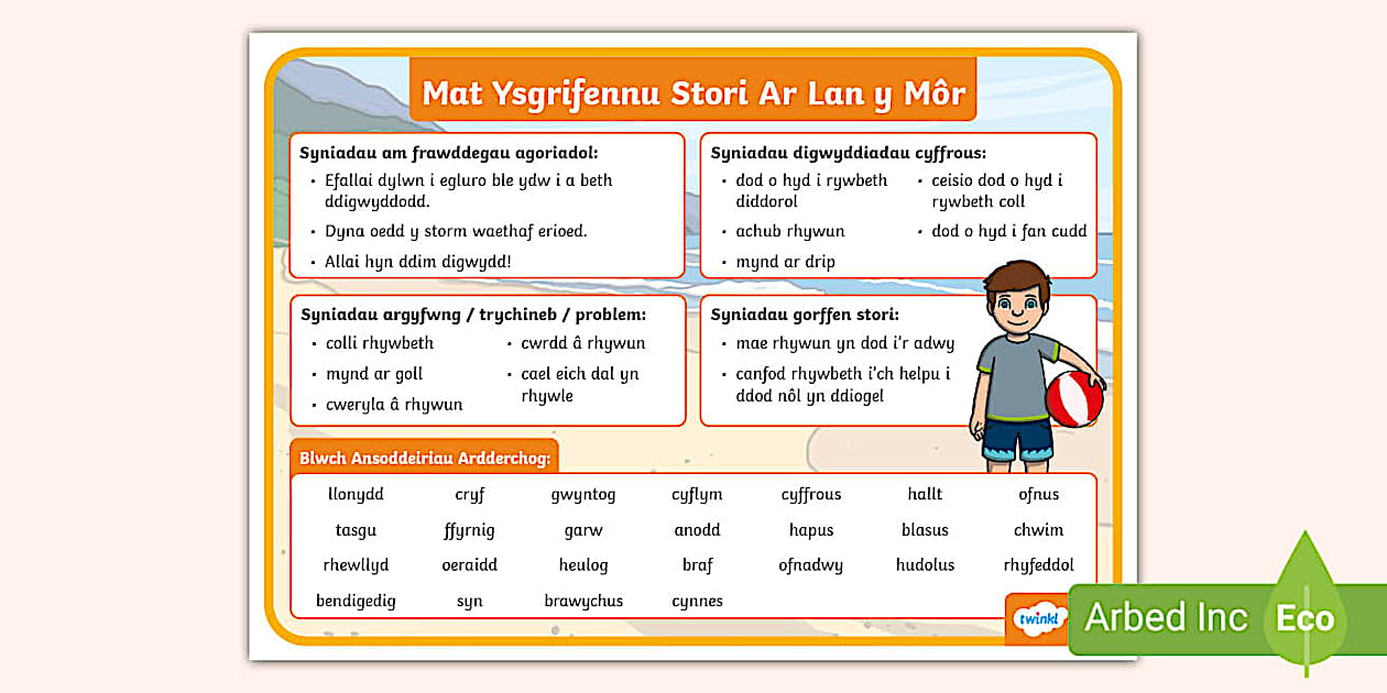 Mat Ysgrifennu Stori Ar Lan y Môr