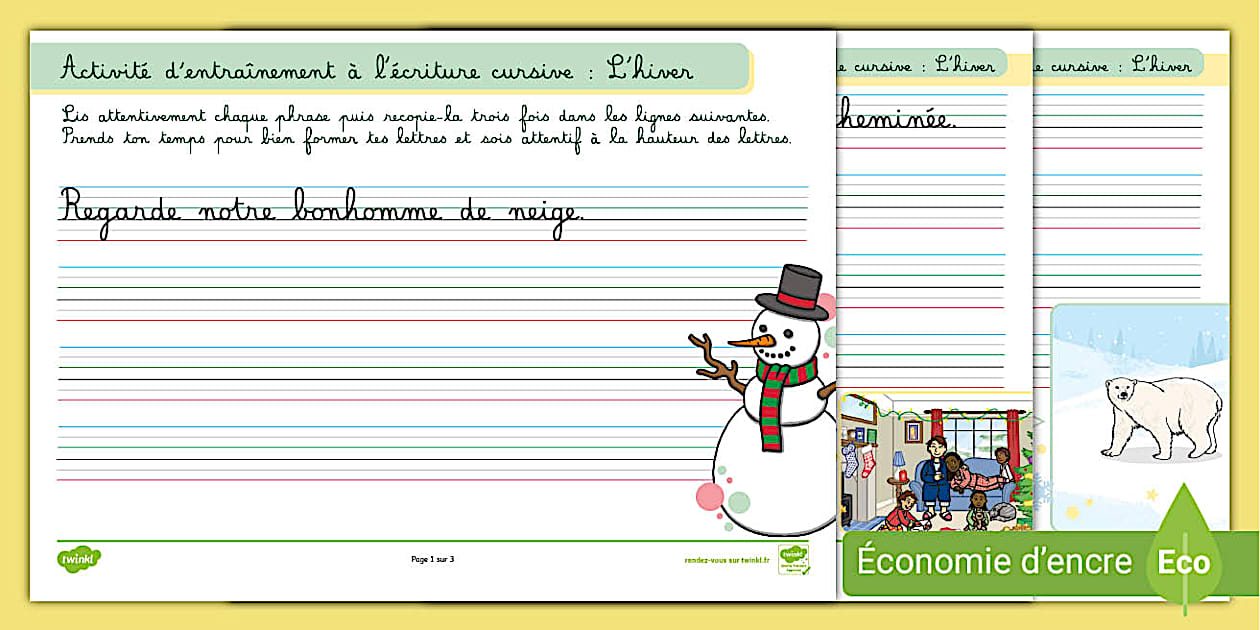 Activité d'entraînement à l'écriture cursive : L'hiver