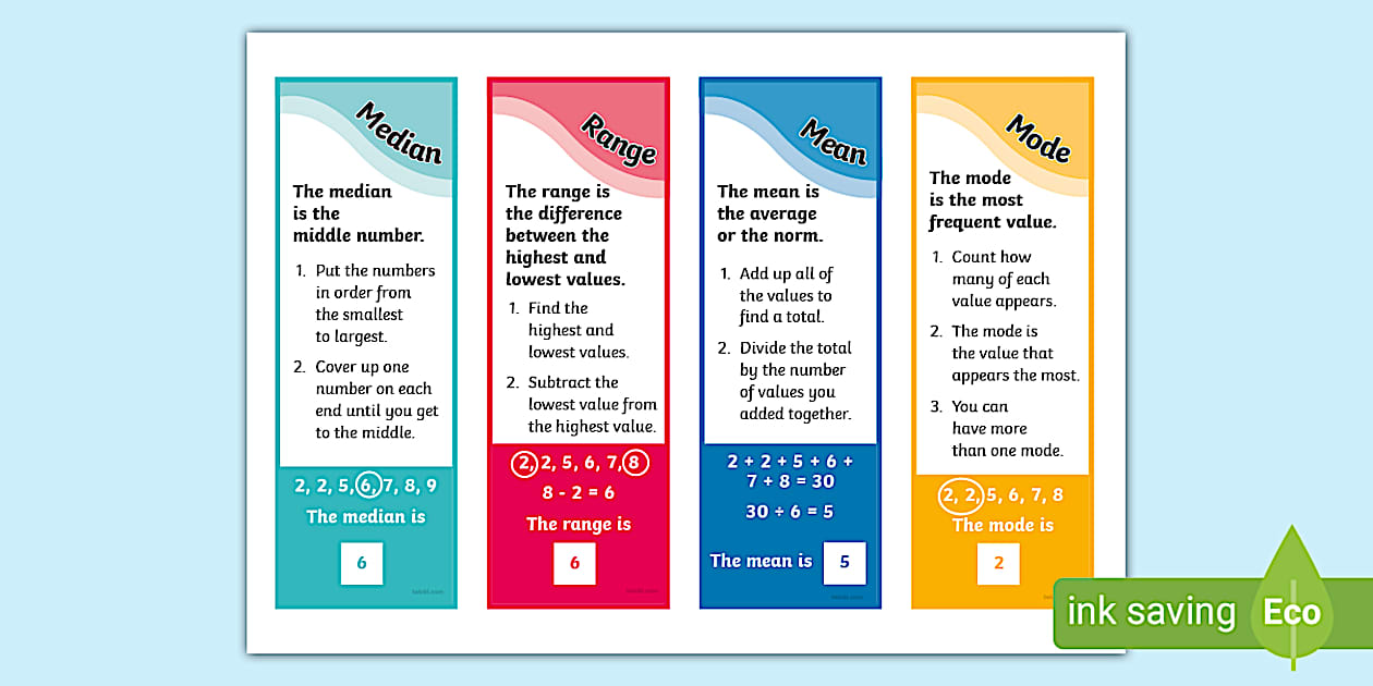 👉 Mode, Mean, Median and Range Bookmarks - Twinkl - KS2