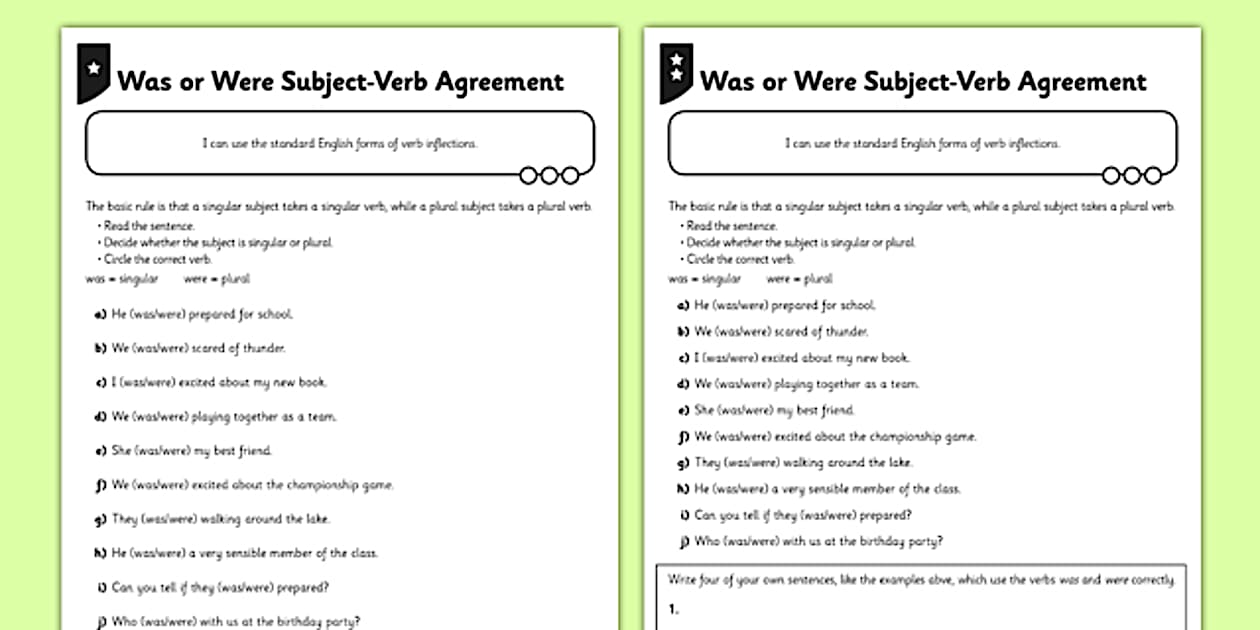 Was or Were Subject Verb Agreement Differentiated Worksheet