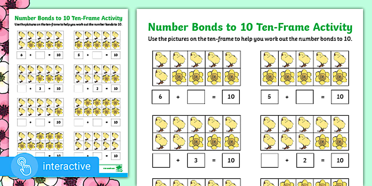 👉 Interactive PDF: Number Bonds to 10 Spring-Themed Ten-Frame