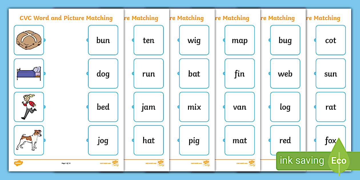 CVC Word and Picture Matching Mixed Worksheets | Twinkl