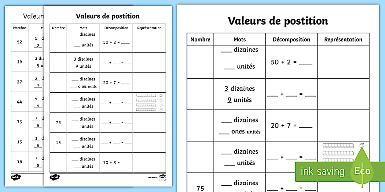 Feuille d'activités : Les valeurs de positions - Twinkl