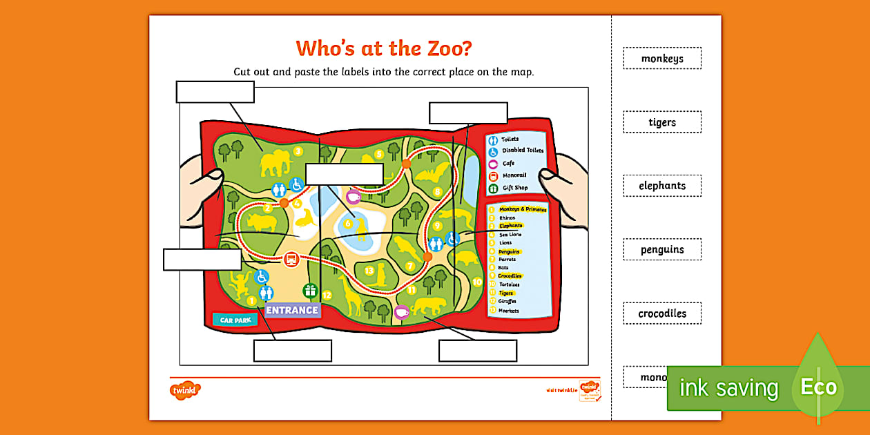 Who's at the Zoo? Cut and Paste Labelling Worksheet / Worksheet