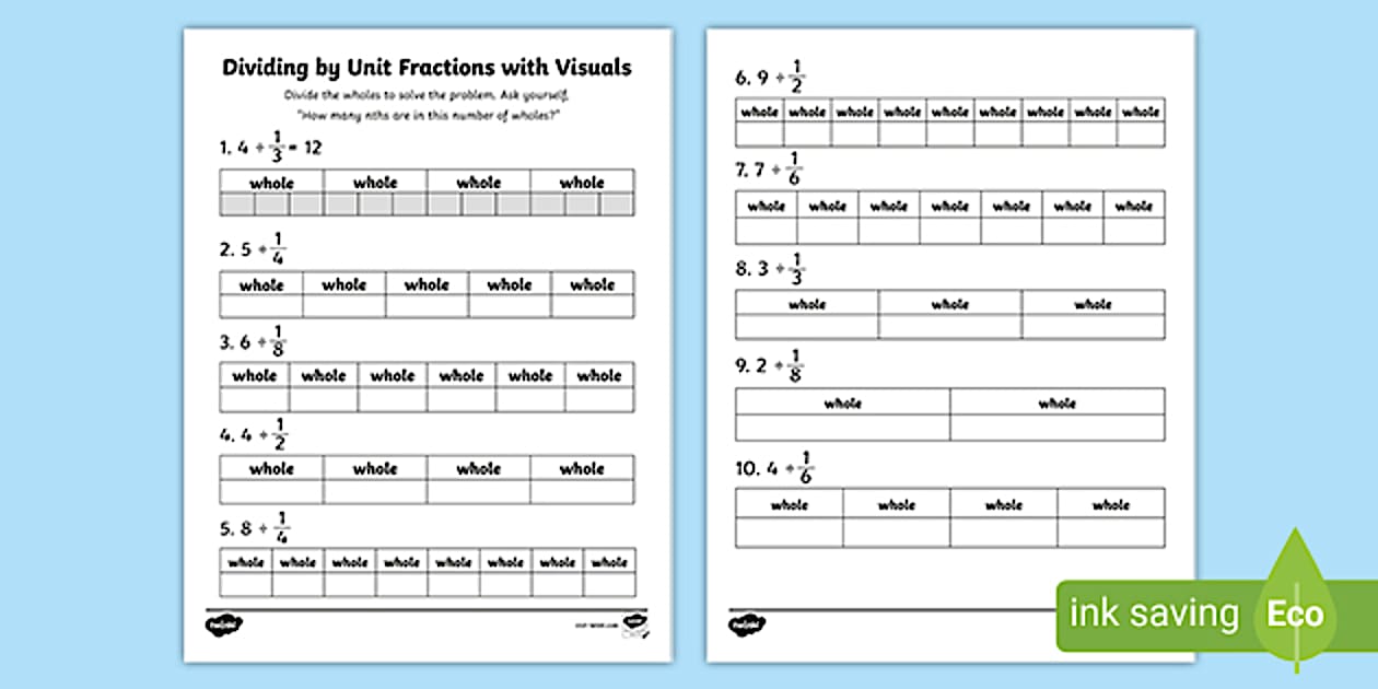 Dividing Whole Numbers by Unit Fractions With Visual Models Worksheet for