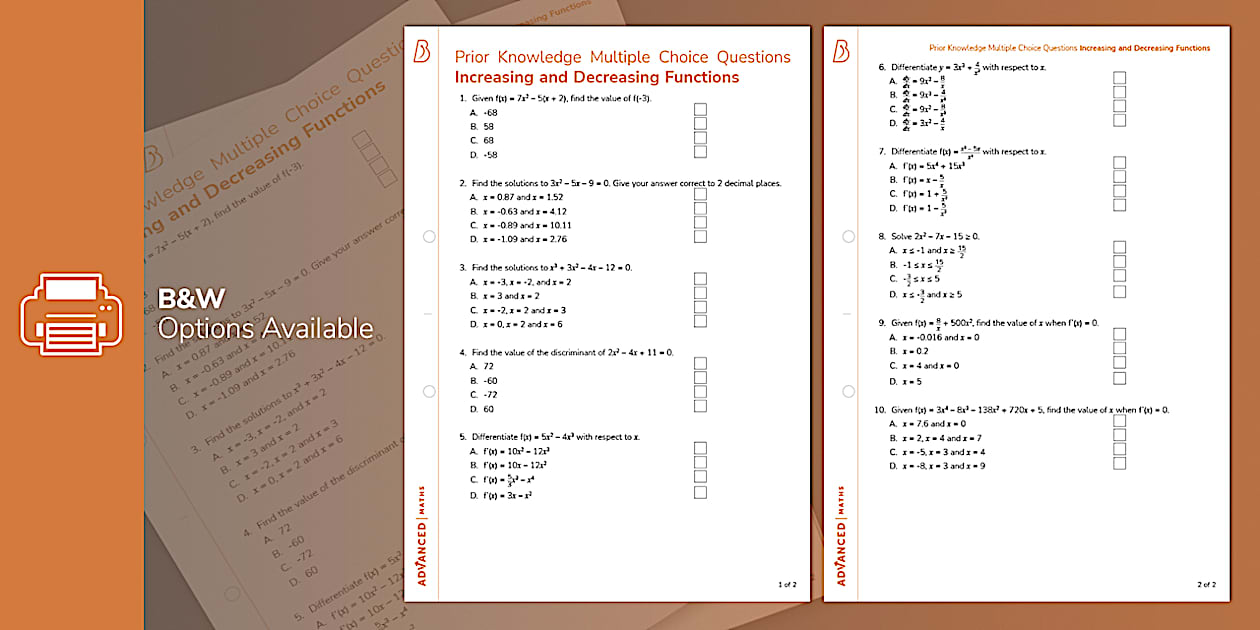 👉 Increasing and Decreasing Functions - Prior Knowledge Multiple-Choice