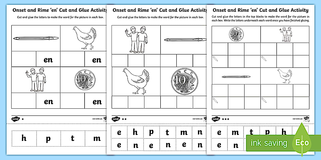 QLD 'en' Onset and Rime Differentiated Worksheets - Twinkl
