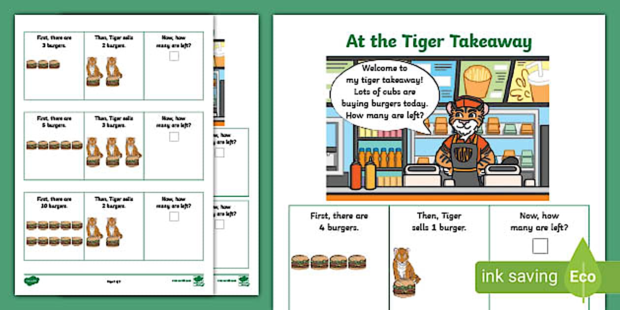 👉 At the Tiger Takeaway Subtraction Worksheet - Twinkl