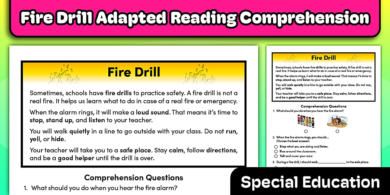 Fire Drill Adapted Reading Comprehension Worksheet