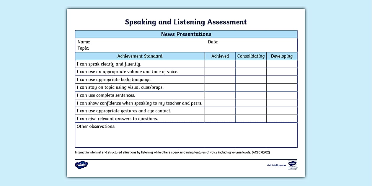 News Telling Speaking and Listening Assessment Rubric