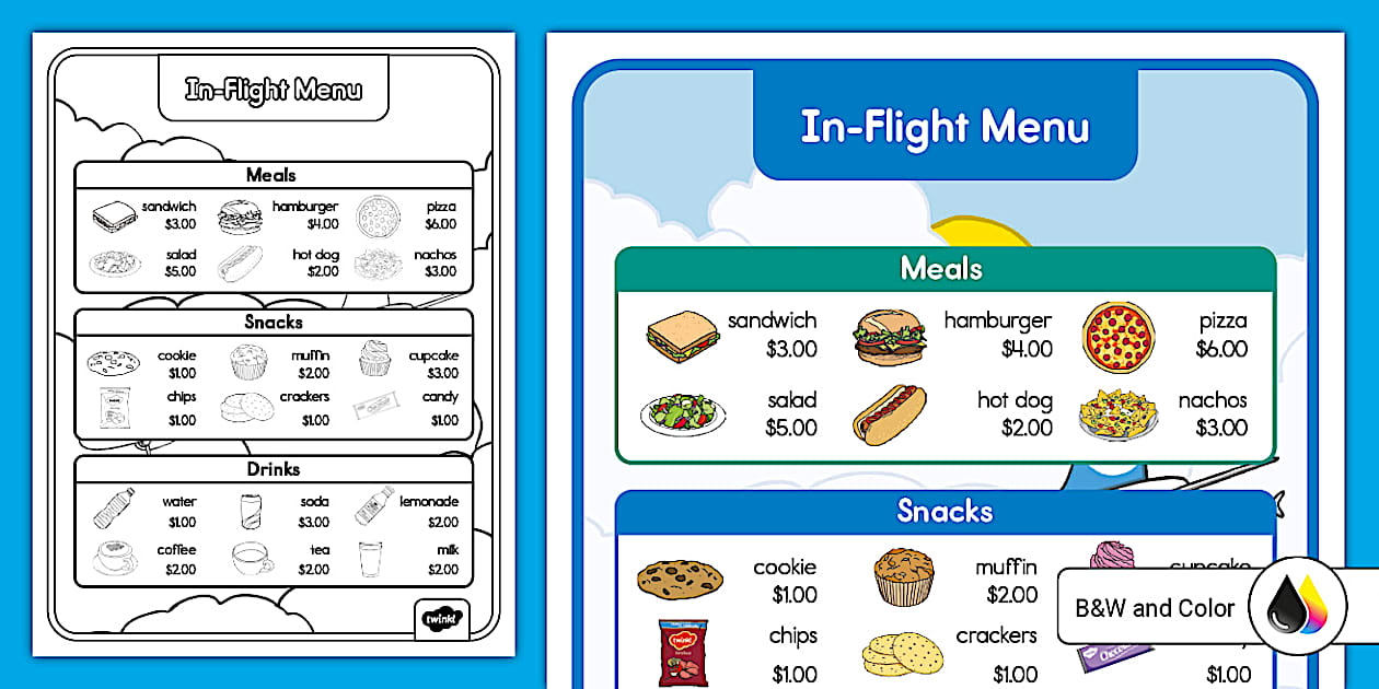 Airport Dramatic Play In-Flight Menu