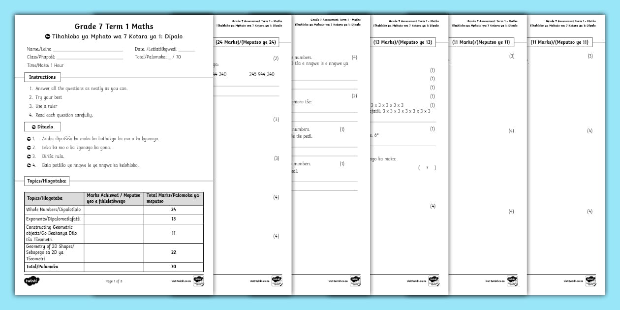 Grade 7 Maths Term 1 - Assessment Term 1 - Nso/Eng CAPS